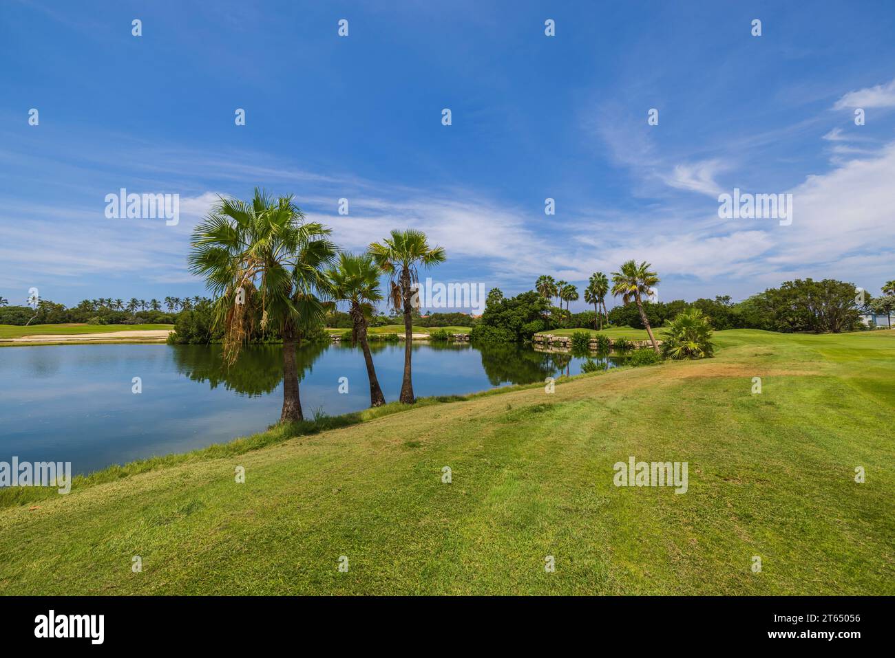 View of tropical landscape with lakes and golf course on Aruba Island ...