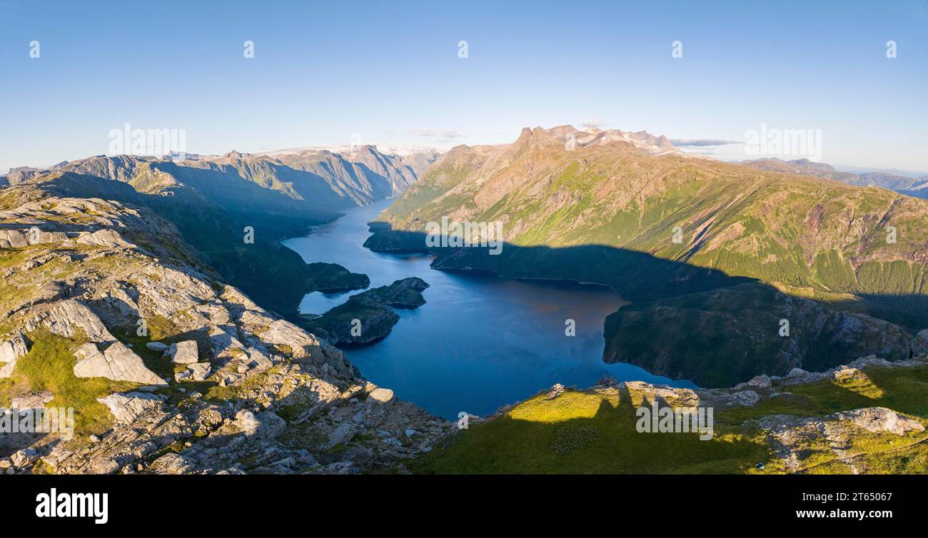 View from Seiskallafjellet into the Nordfjorden, Svartisen Glacier in ...