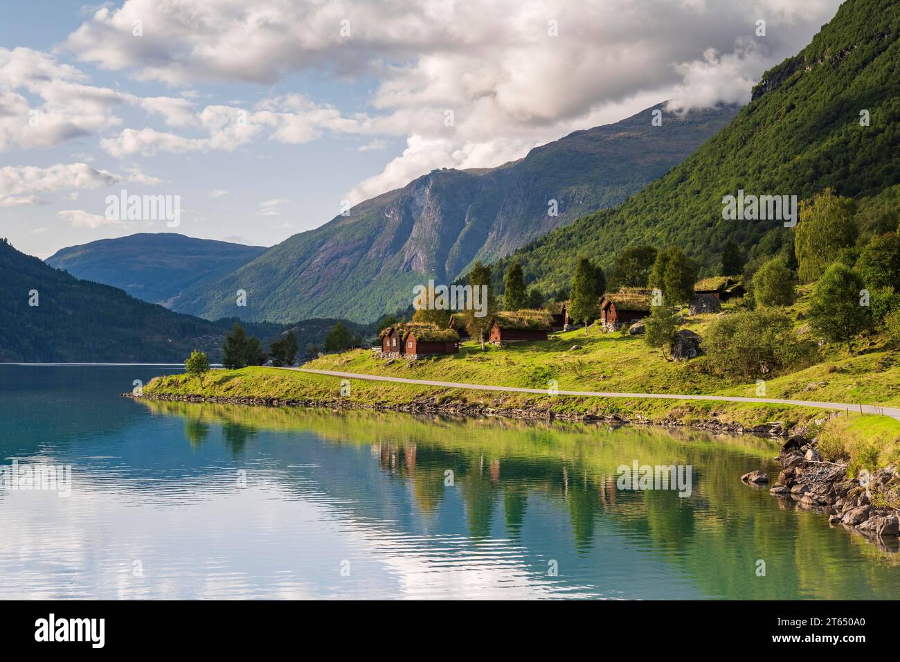 Traditional cabins on the shores of Lake Lovatnet, Breng seter, Loen ...