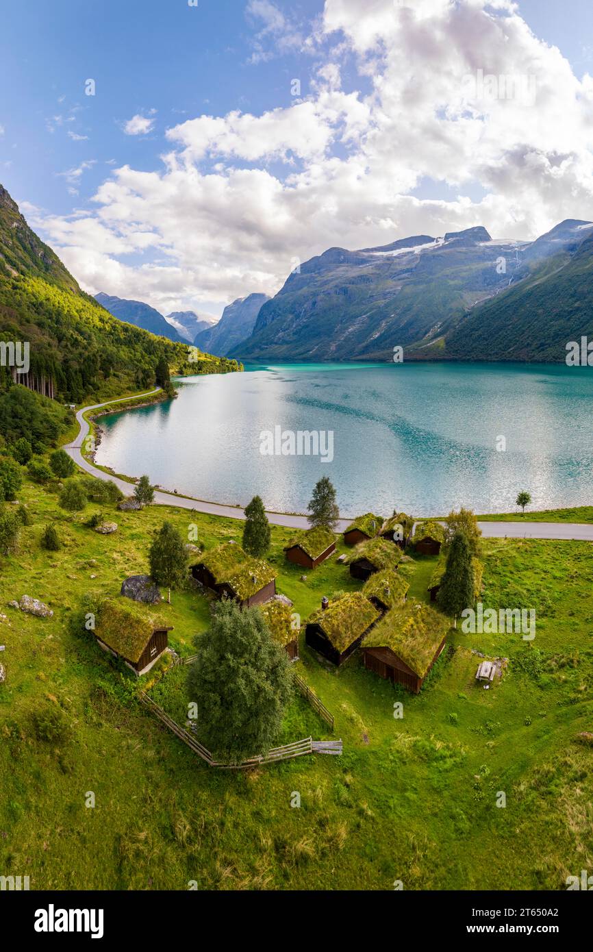 Traditional cabins on the shores of Lake Lovatnet, Breng seter, Loen ...