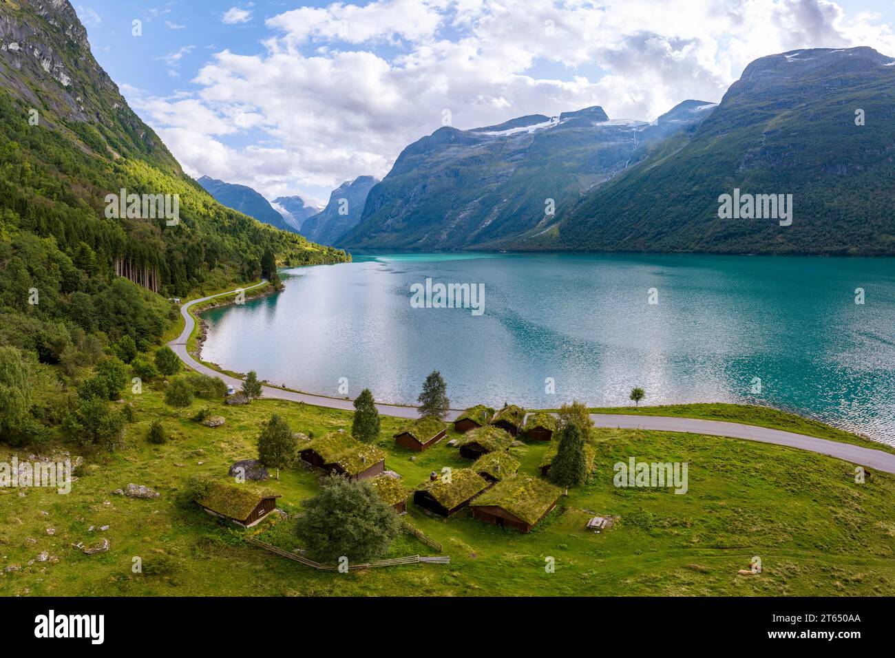 Traditional cabins on the shores of Lake Lovatnet, Breng seter, Loen ...
