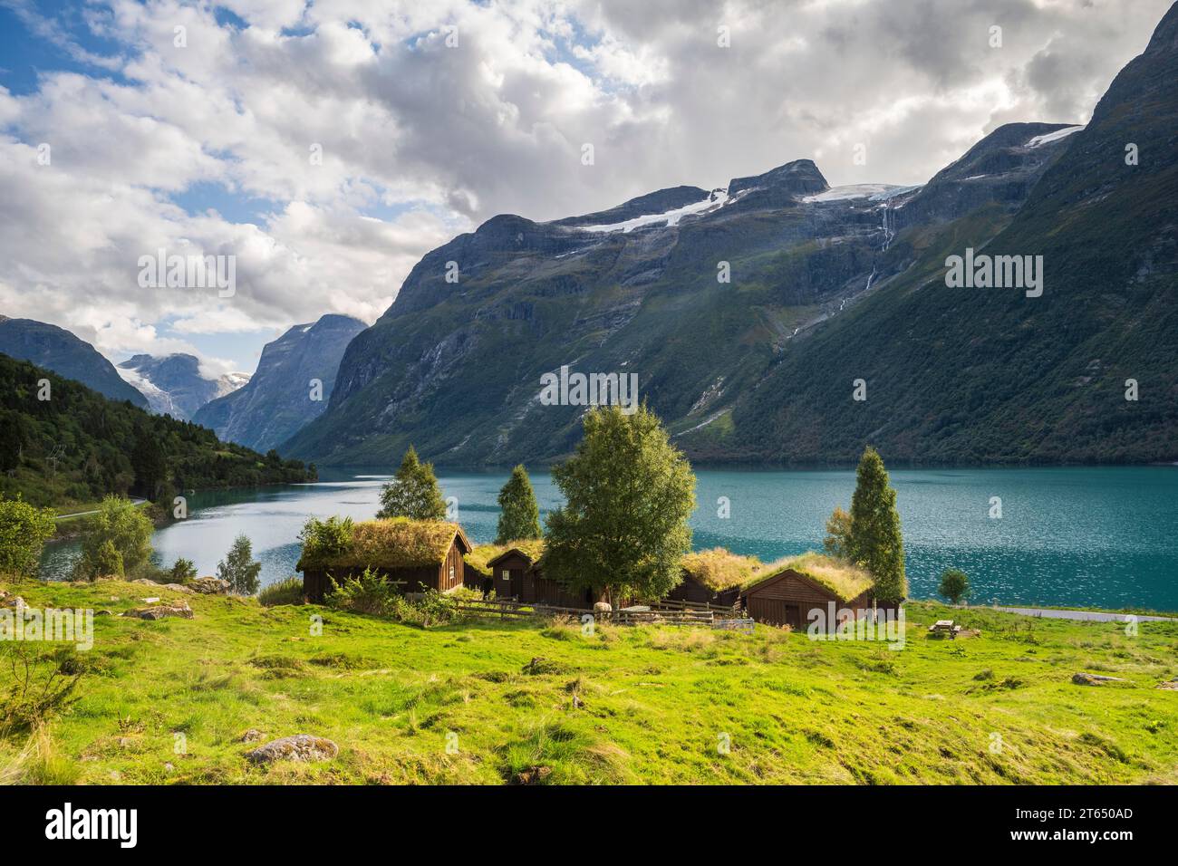 Traditional cabins on the shores of Lake Lovatnet, Breng seter, Loen ...
