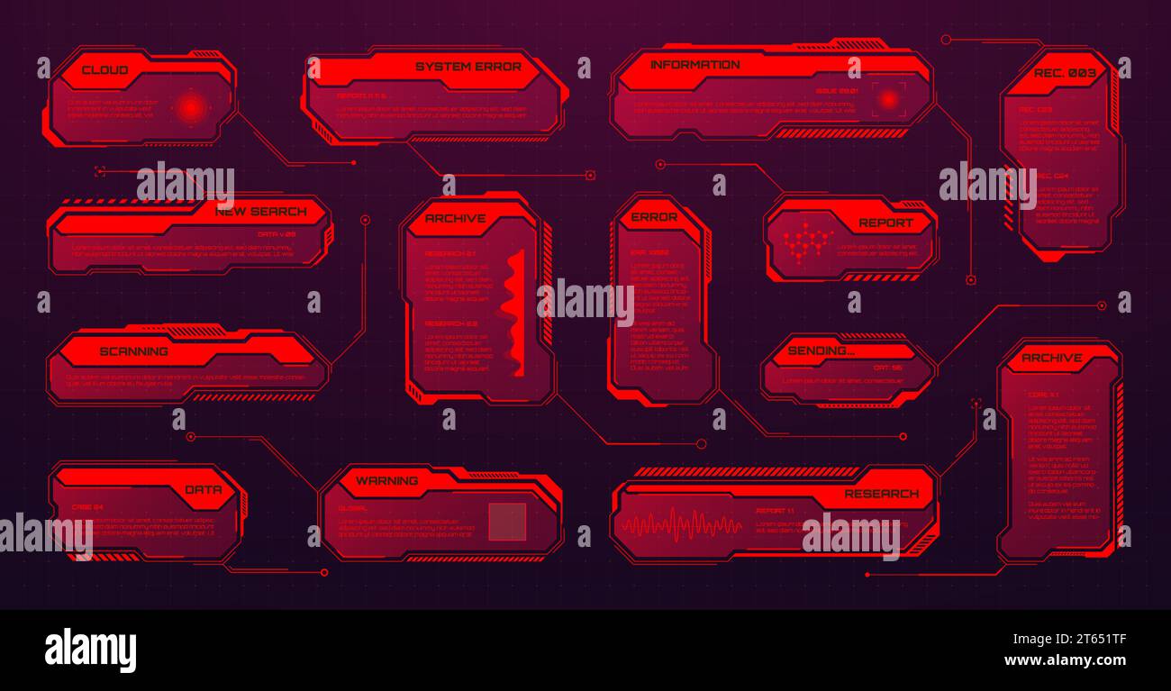 Red futuristic HUD or UI elements. Sci-fi user interface text boxes, callouts. Warning message ...