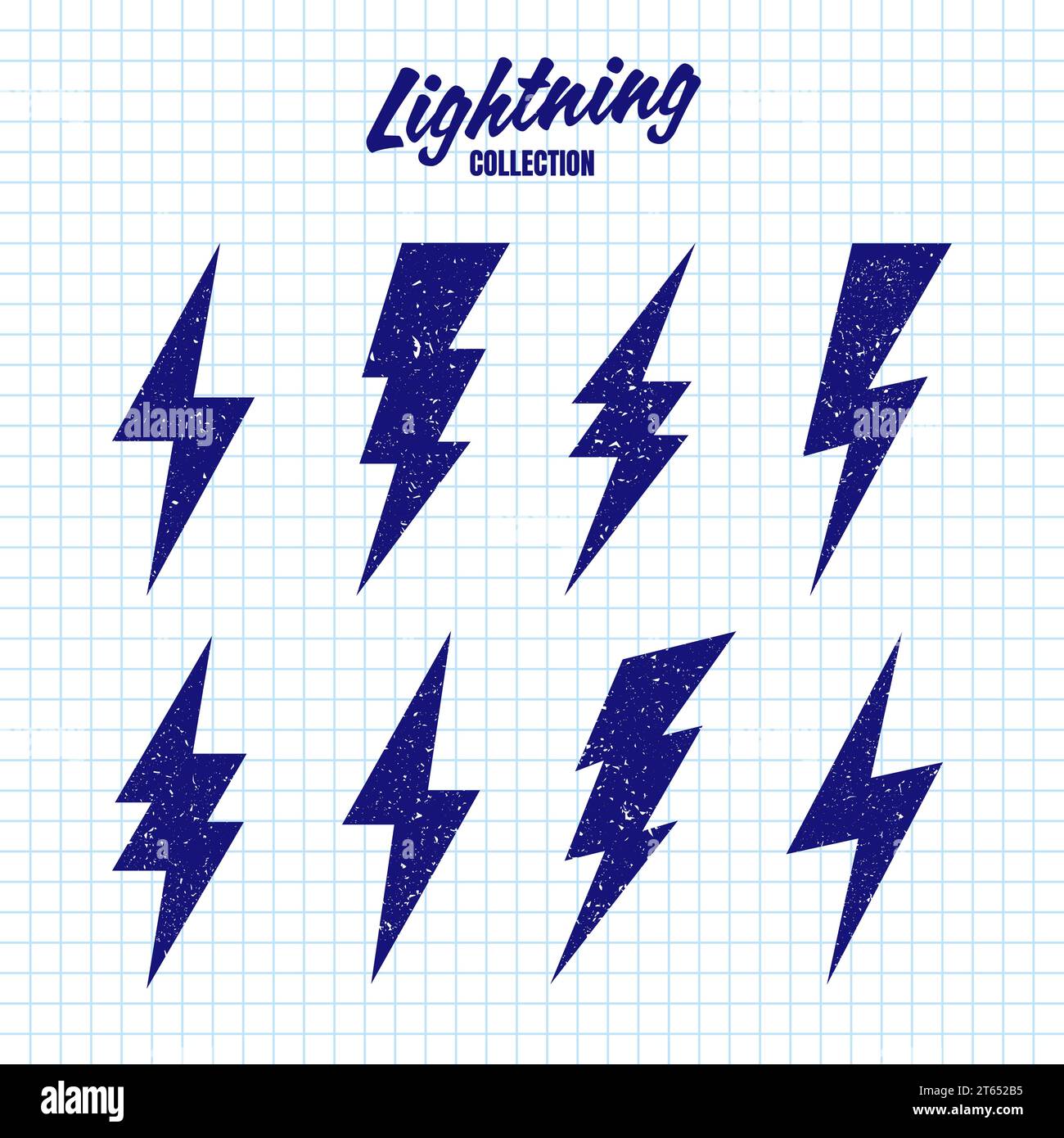 Hand drawn lightning bolt icons with grunge texture on checkered paper ...