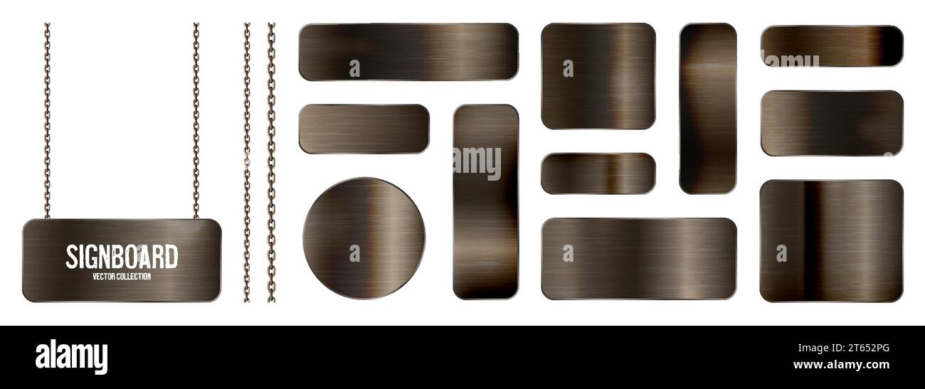 Metal banners hanging on a chain. Realistic shiny steel plate with ...