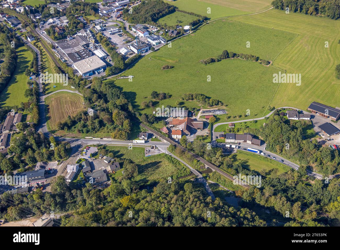 Aerial view, railroad line with bridge over the federal road B229 and ...