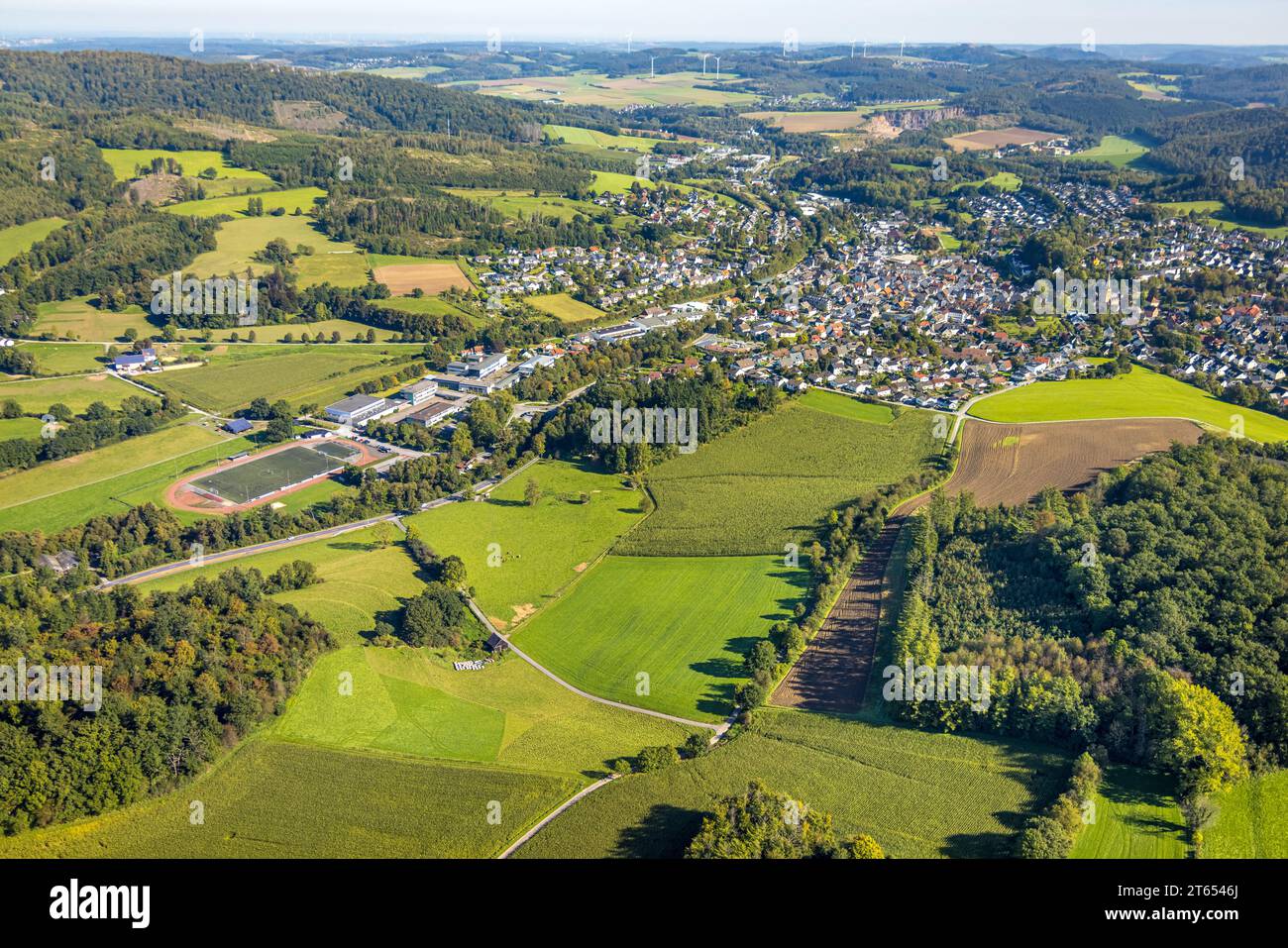 Aerial view of Balve with sports field and municipal secondary school ...
