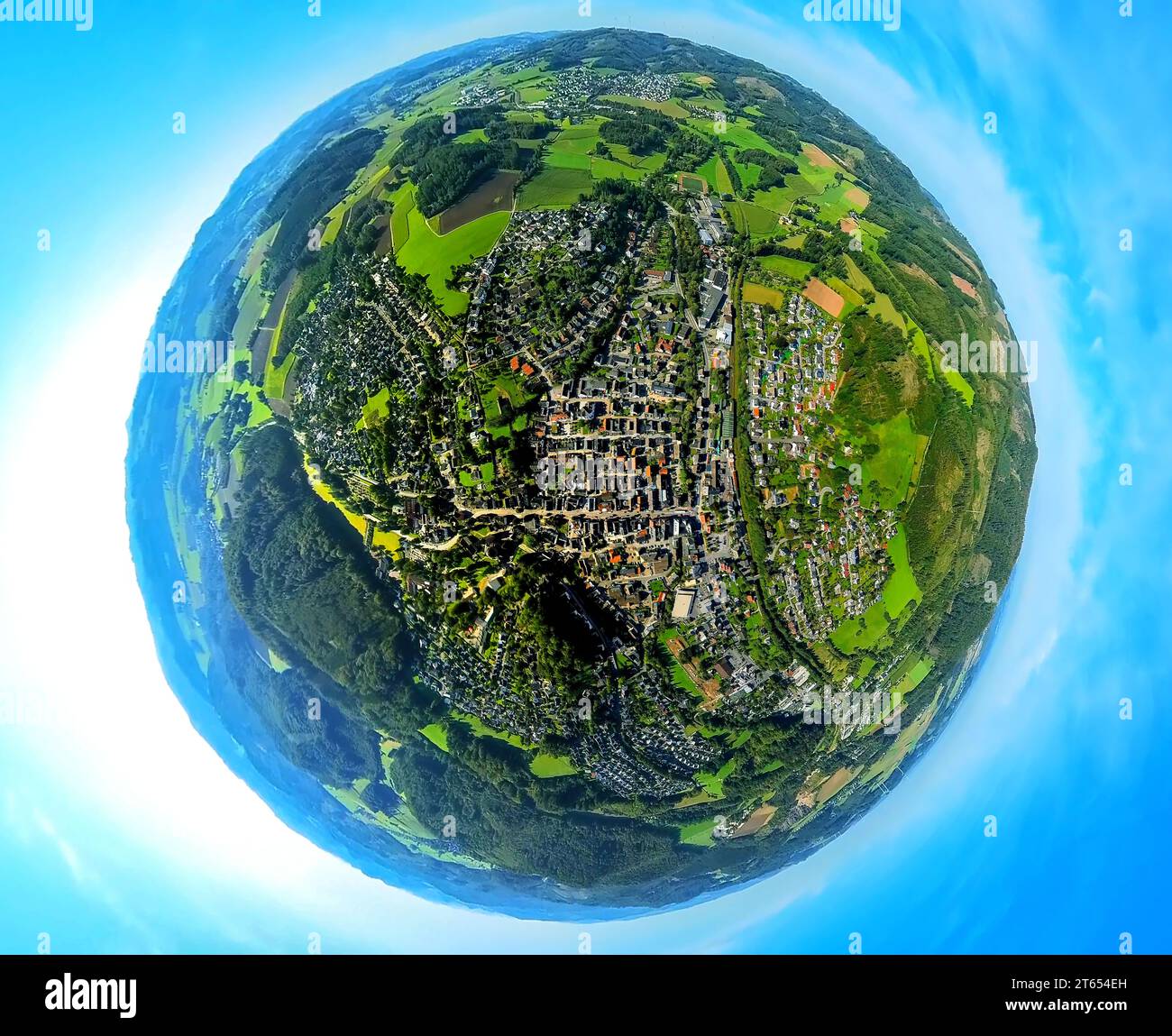 Aerial view, Balve town center, earth globe, fisheye image, 360 degree ...
