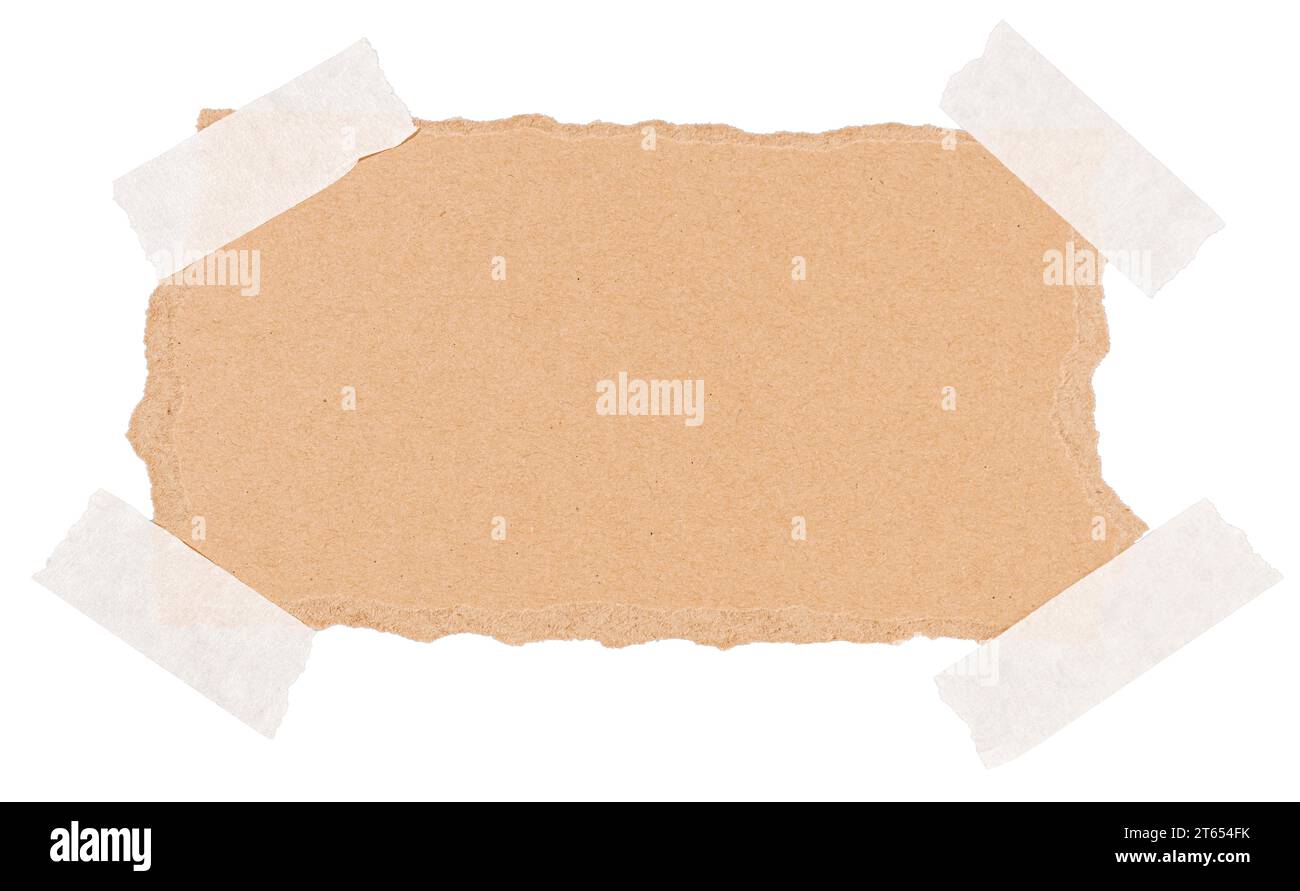 Torn piece of brown cardboard fixed with adhesive tape isolated on a ...