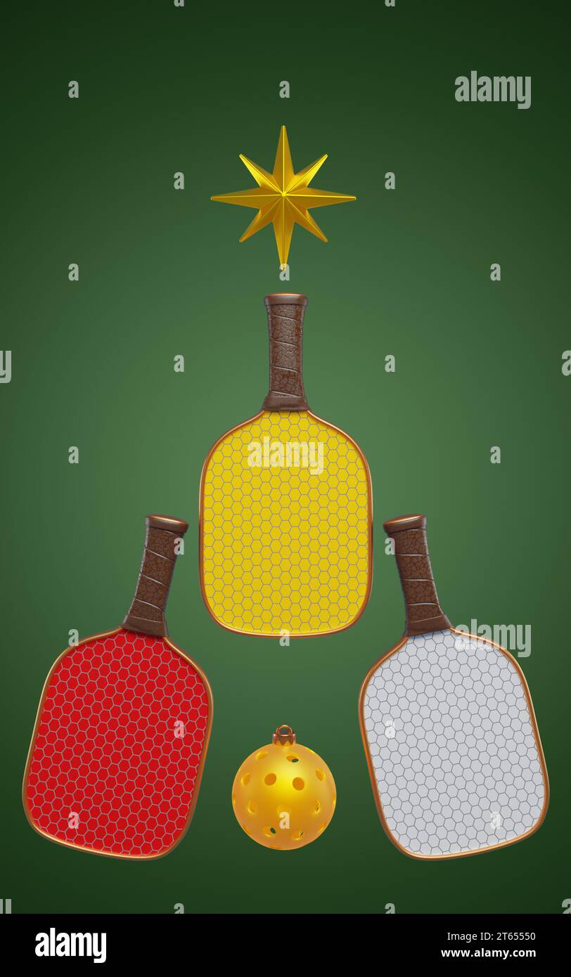 Christmas tree made from sports ball and pickleball rackets. 3d ...