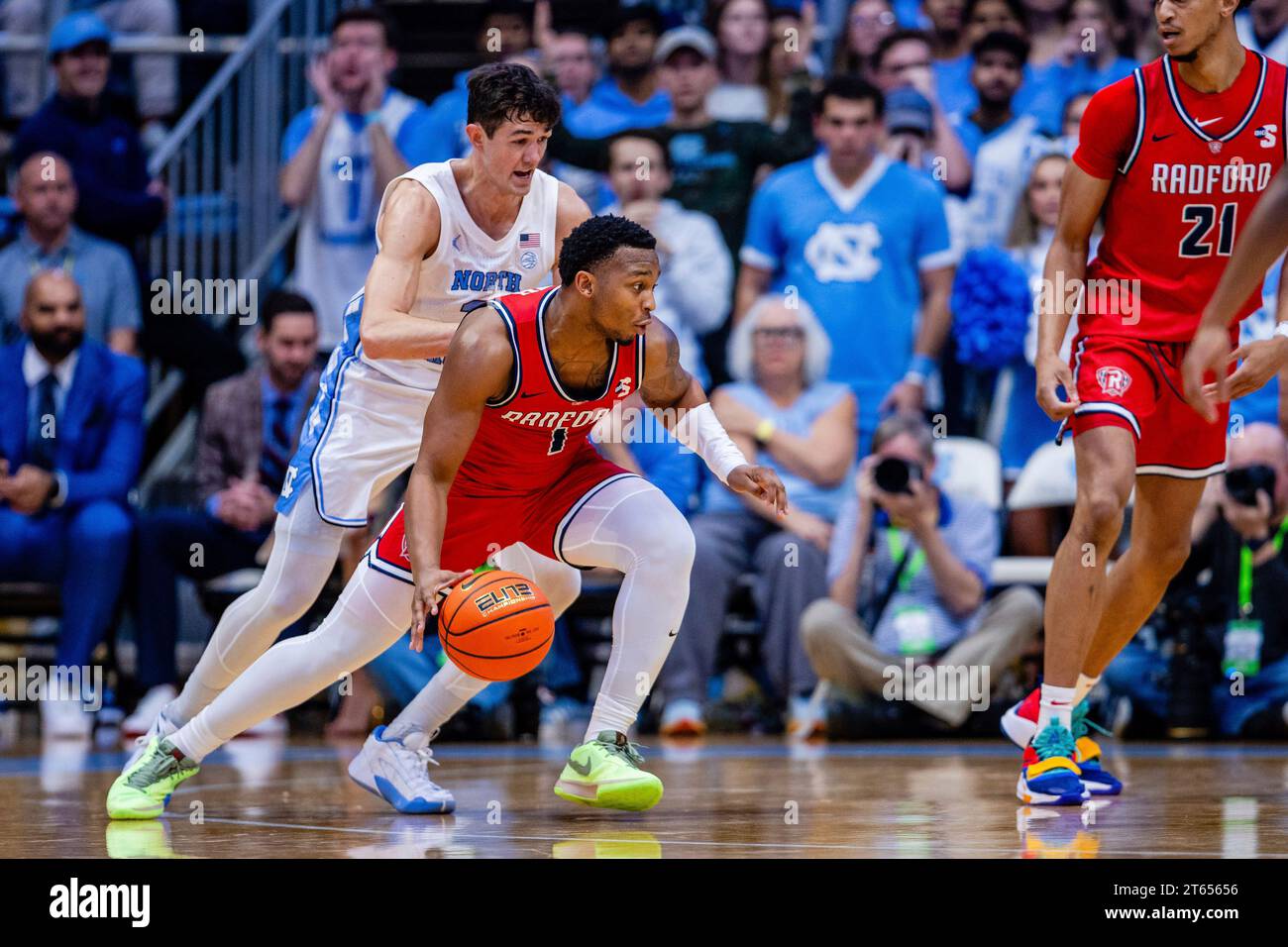 November 6, 2023: North Carolina Tar Heels guard Cormac Ryan (3) guards Radford Highlanders ...