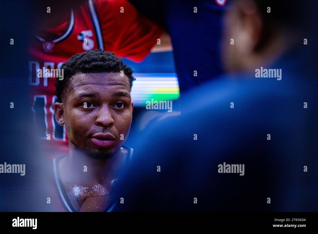 Chapel Hill, NC, USA. 6th Nov, 2023. Radford Highlanders guard DaQuan Smith (1) listens during a ...