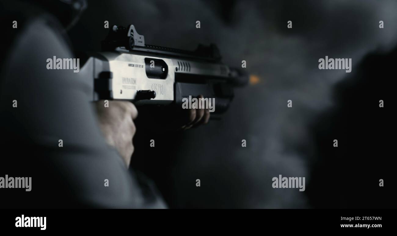 800fps Slow-Motion of Smoke-Filled Shotgun Firing, Man Releasing a ...