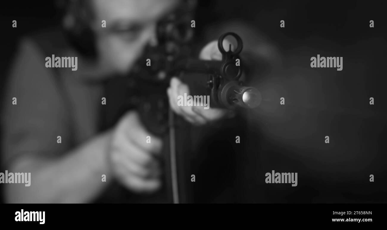 Close-Up of Man Firing Powerful Assault Rifle, 800fps High-Speed Slow ...