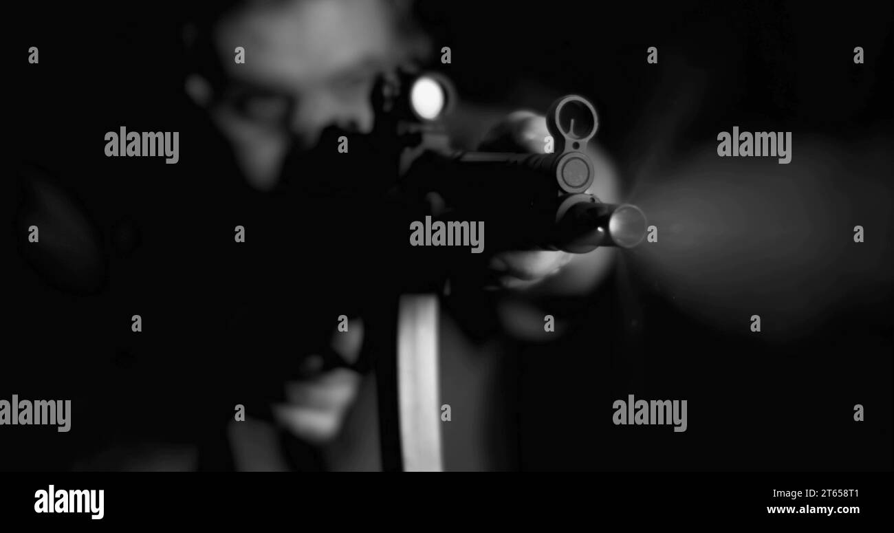 Dramatic weapon being shot in 800 fps in monochromatic, black and white ...