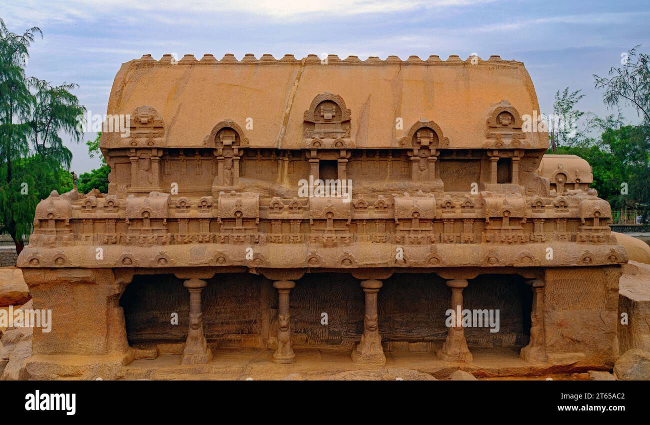 Seventh century Pancha Rathas (Five Chariots) at Mahabalipuram on the Coromandel coast of the ...