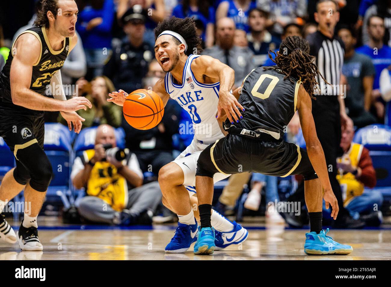 November 1, 2023: Duke Blue Devils Jared McCain (0) gets fouled by Pembroke Braves Bradlee ...