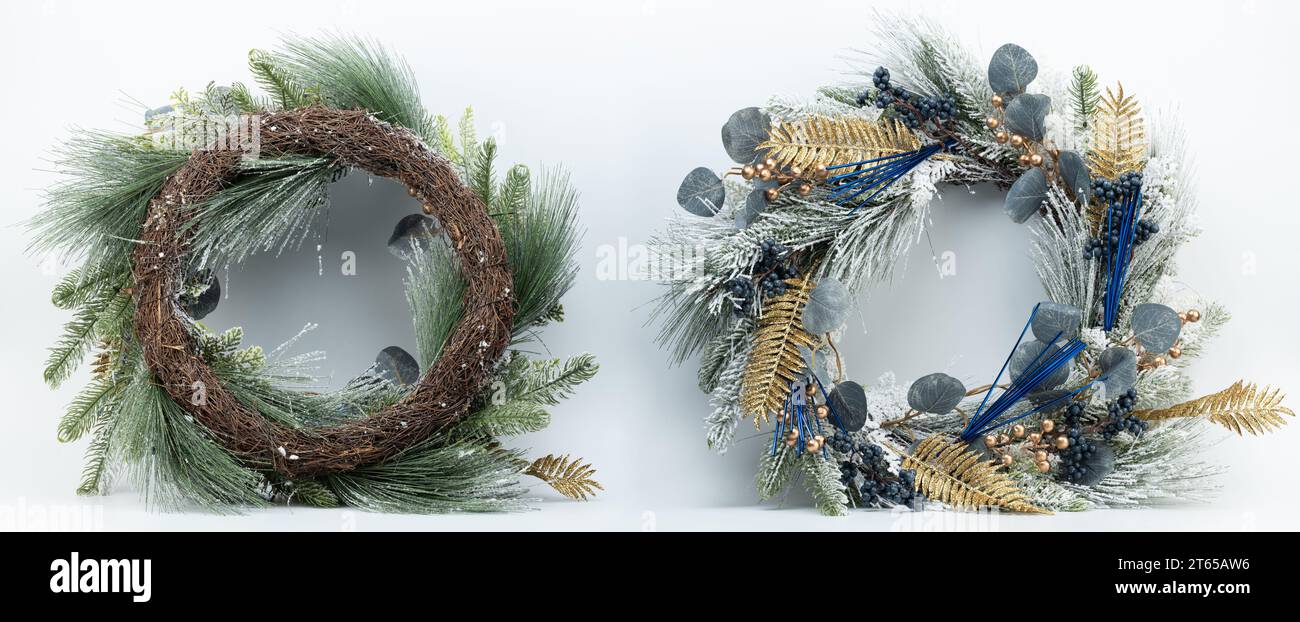 Christmas wreath back and front view isolated on studio background ...