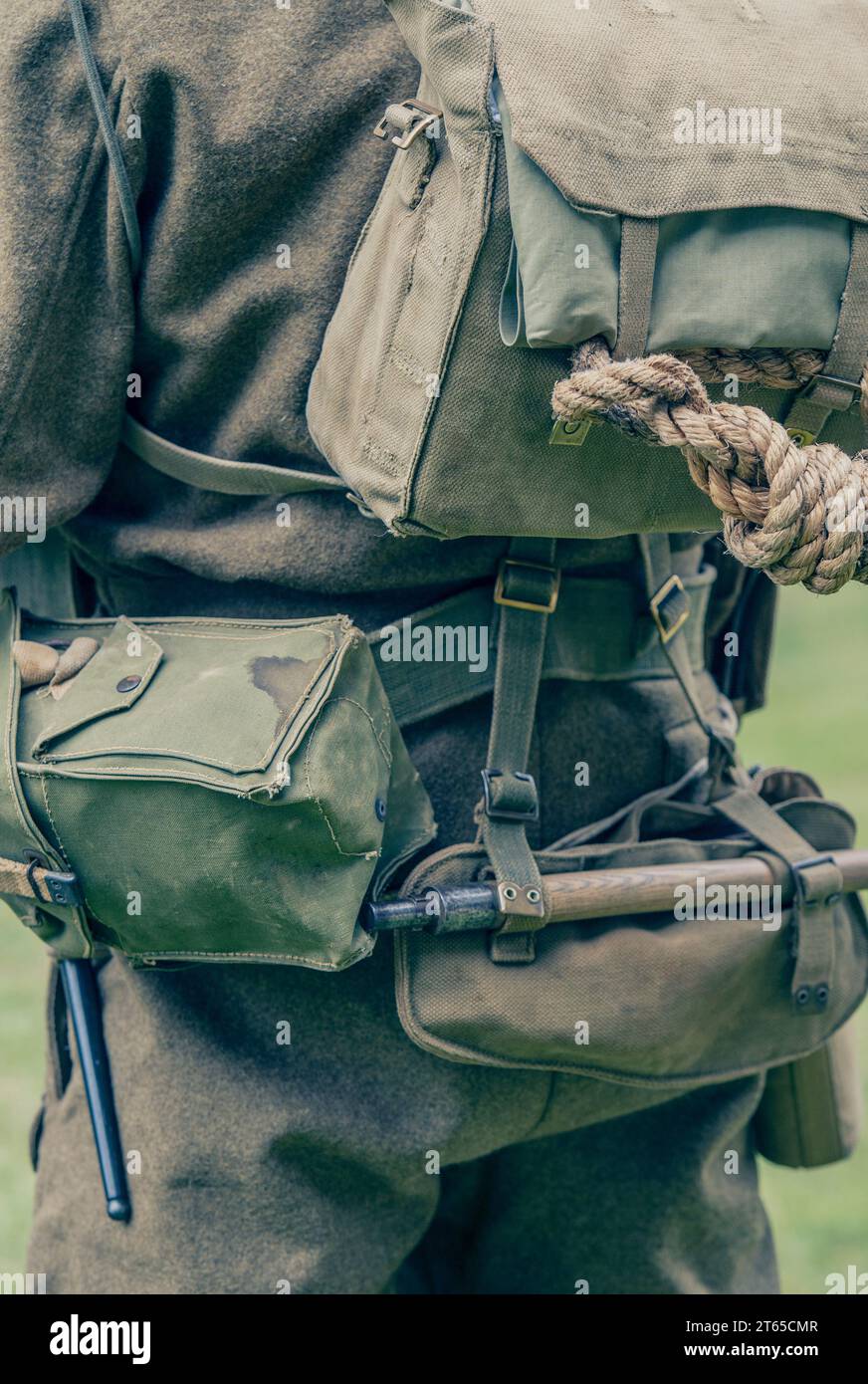 Rear view of an actor dressed as a World War II British soldier for an ...