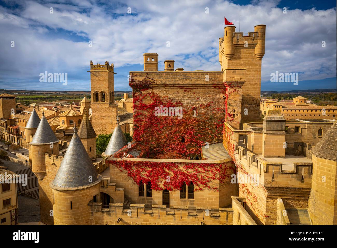 View of the Olite castle and palace in Navarra, Spain, with its slender ...