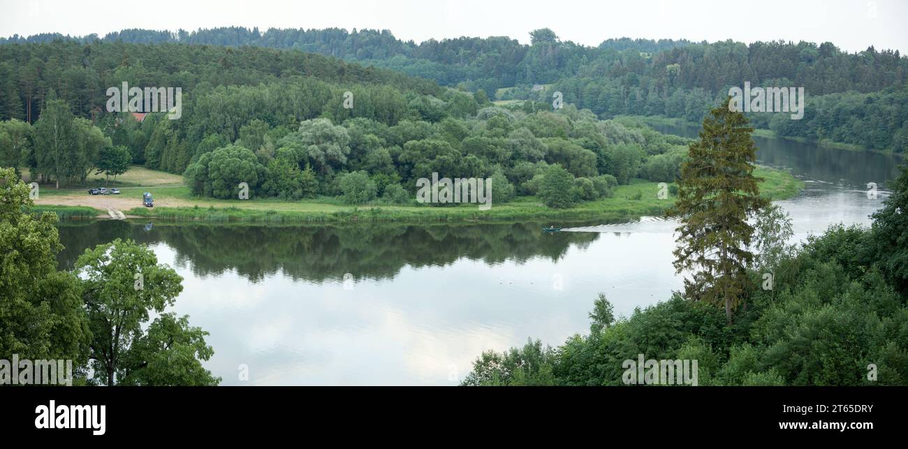 The panoramic aerial view of Neman River in Birstonas resort town ...