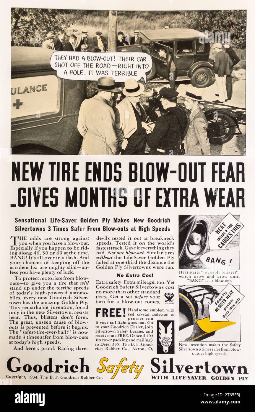 1934 Goodrich safety Silvertown life-saver golden ply tire ad Stock ...