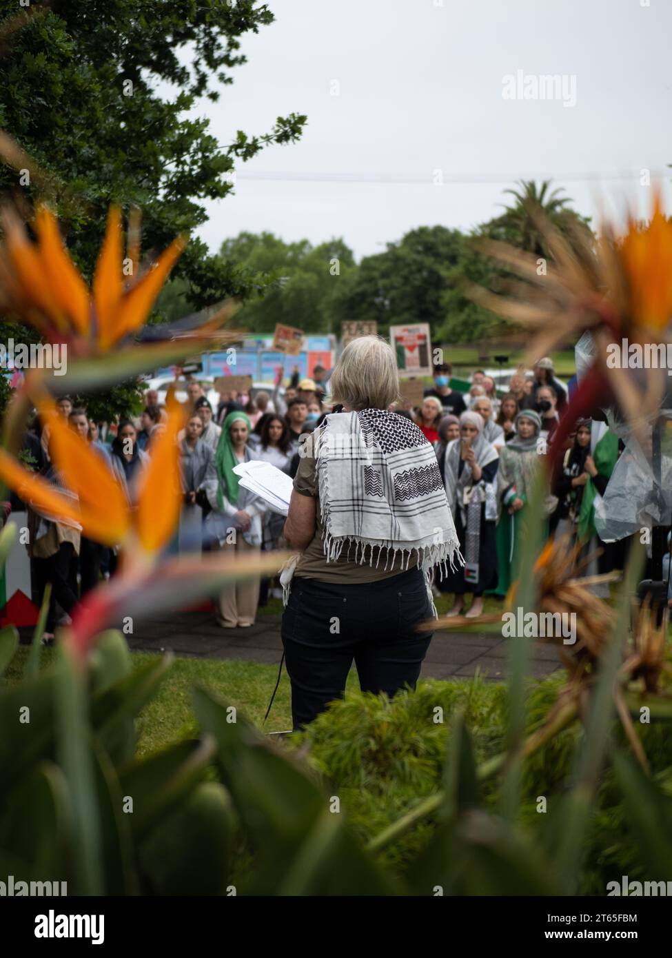 Sue Bolton, a Merri-bek council member, addresses the protesters during ...