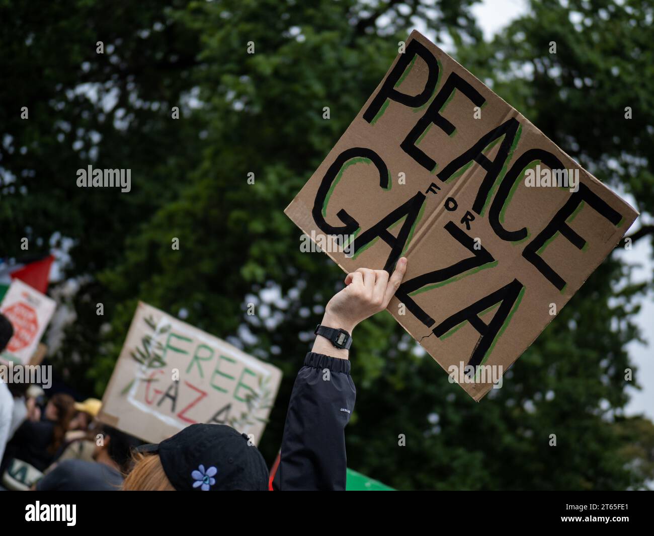 A protester holds a placards reading "peace for Gaza" during the rally ...