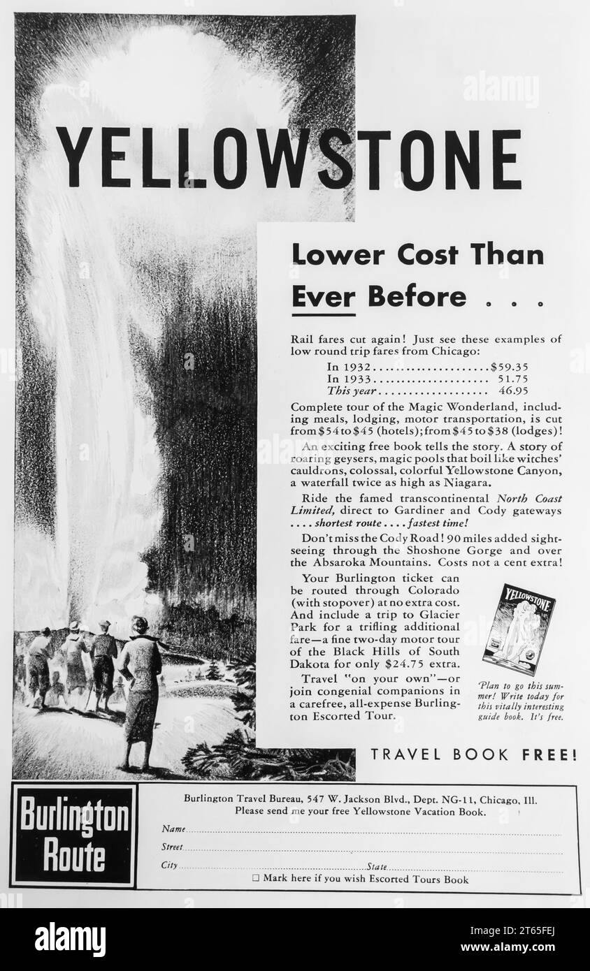 1934 Yellowstone rail travel Burlington Route ad Stock Photo - Alamy
