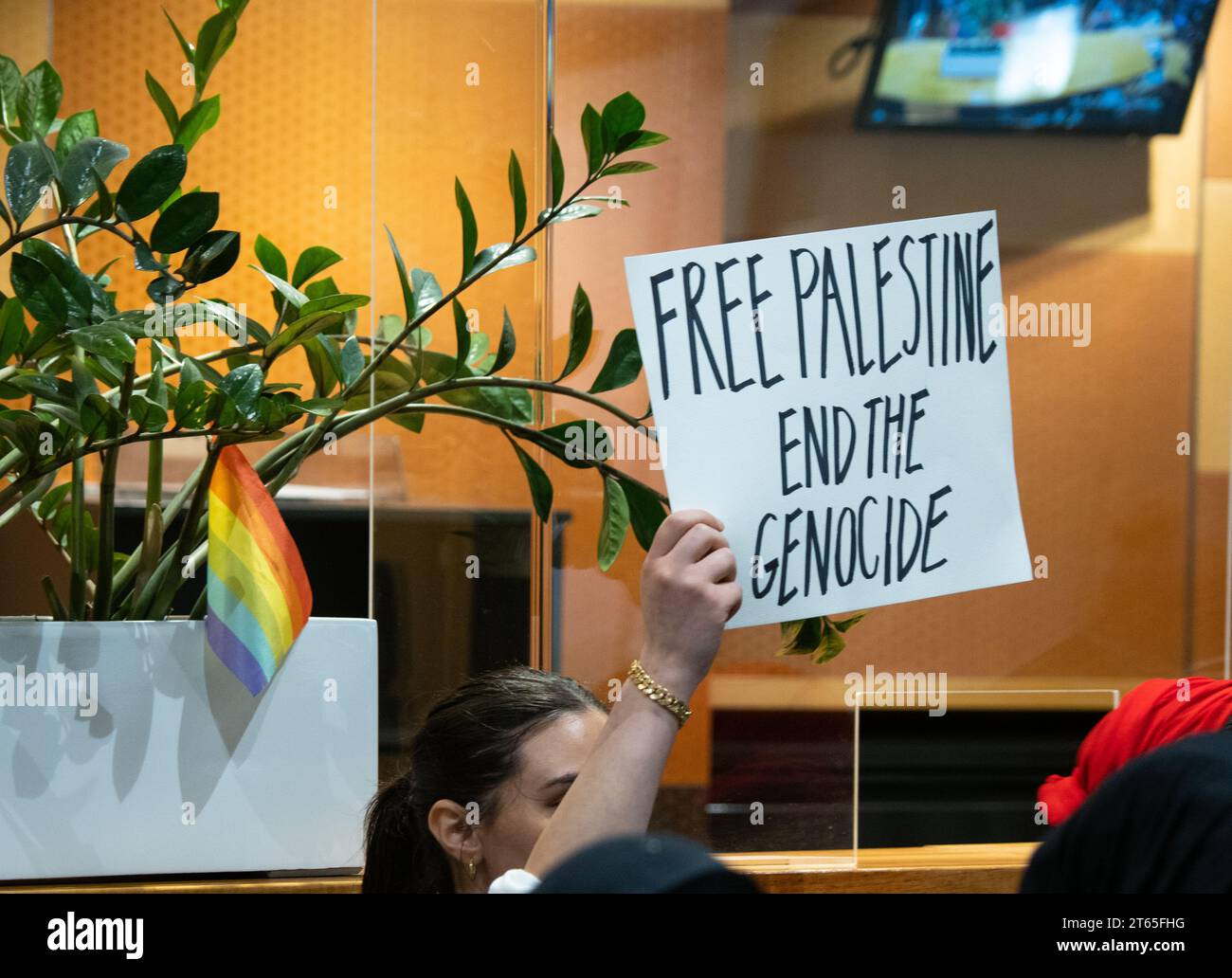 A protester holds a placard expressing opinion during the rally. Merri ...