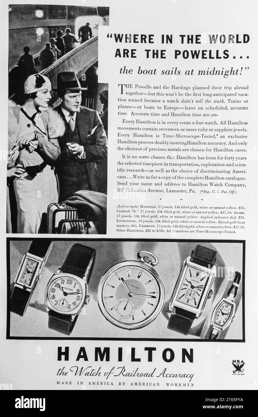 1934 Hamilton watch ad. "Hamilton. The watch of railroad accuracy Stock ...