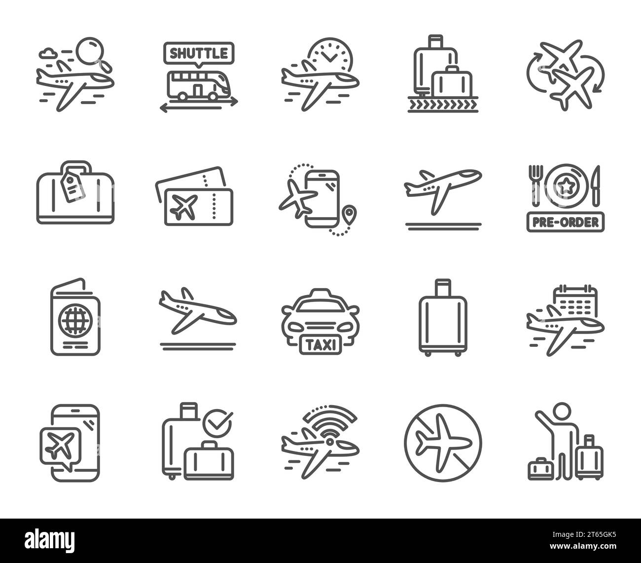 Airport line icons. Boarding pass, Baggage claim, Arrival and Departure ...