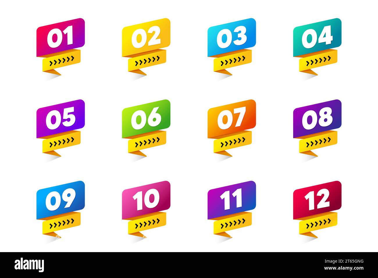 Direction number bullet points. From one to twelve bullet points. Colorful label ribbons vector ...
