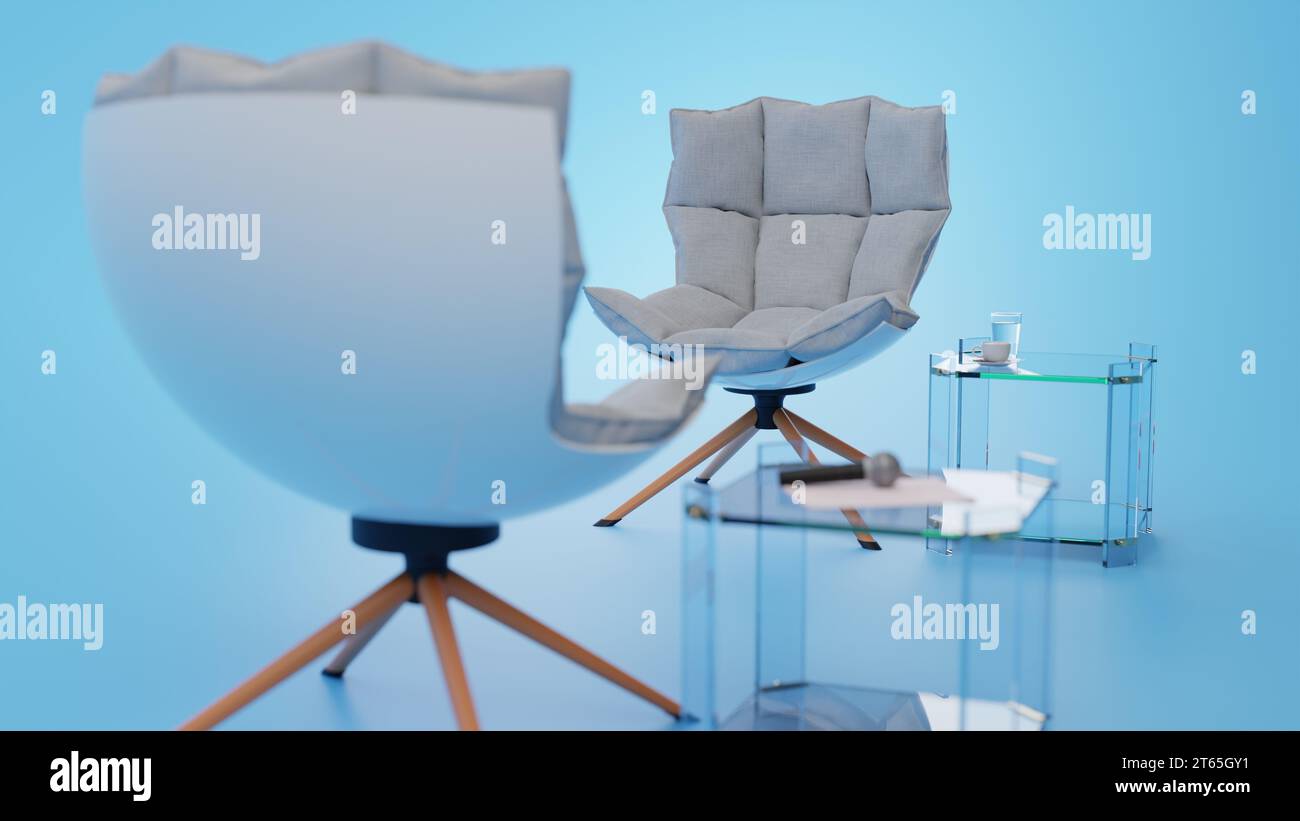 nice looking 3D interview chair setting in front of blue backdrop Stock ...