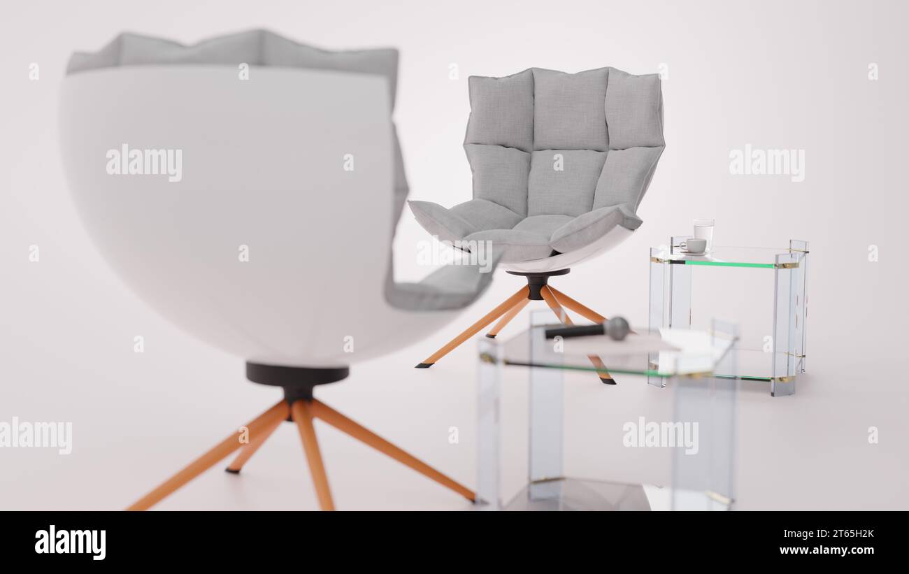 nice looking 3D interview chair setting in front of blue backdrop Stock ...