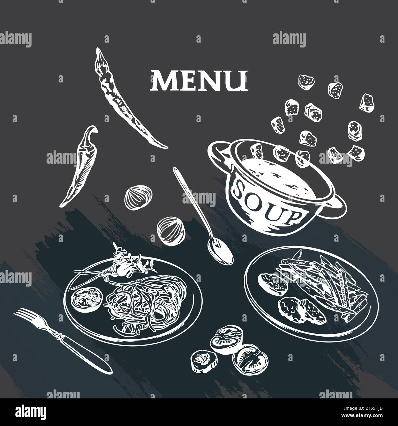 Soup, spaghetti, fries, dishes on a black background. Vector ...