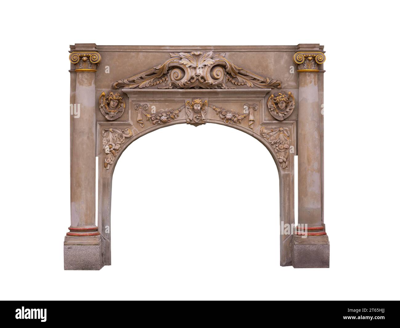 ancient medieval arch with golden monograms and sculptures isolated on ...