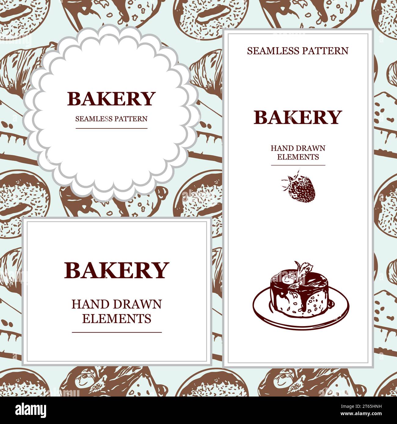 Hand-drawn cakes, croissants, donuts. Vector illustration. Seamless ...