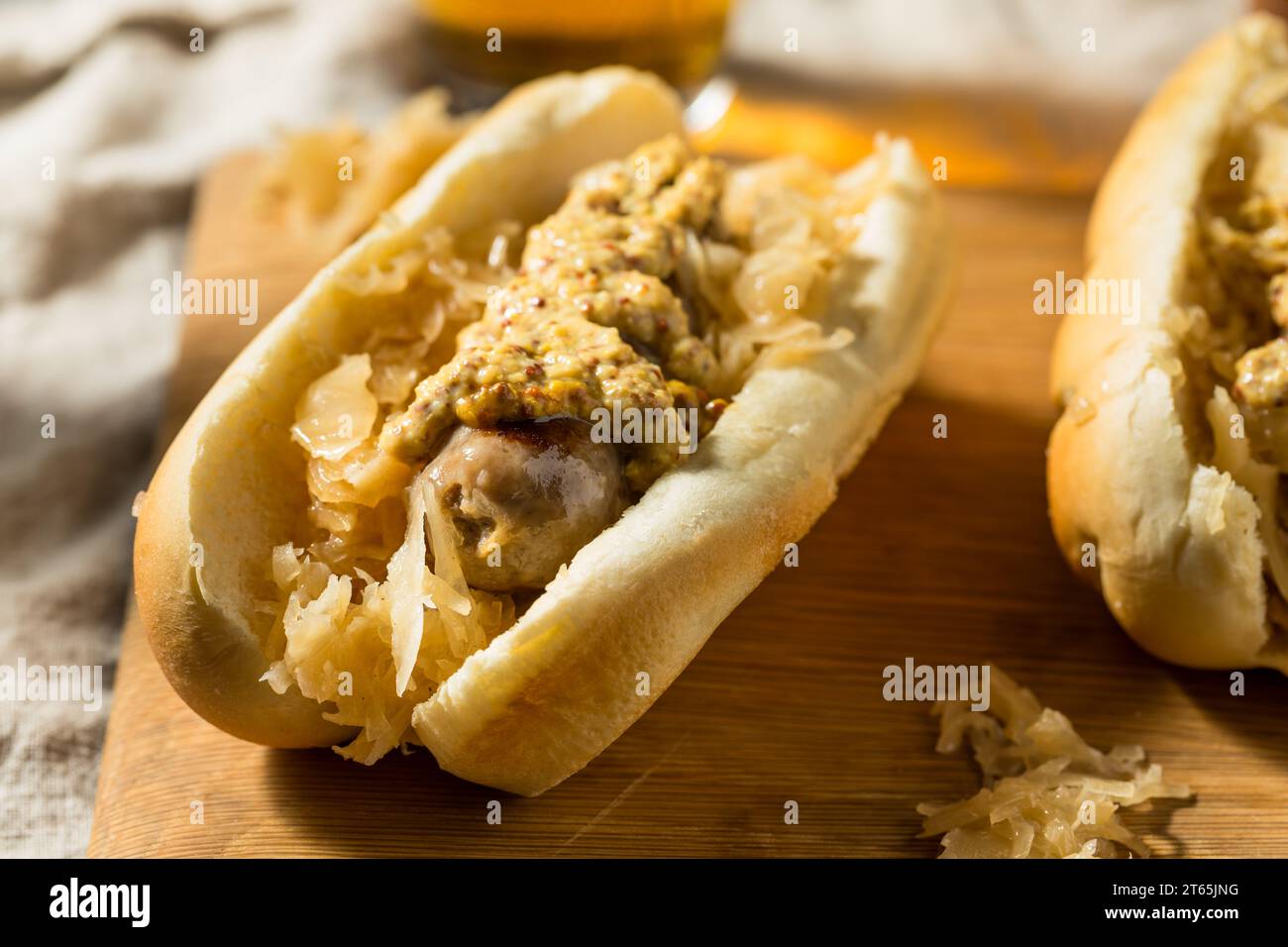 Homemade German Bratwurst Sandwich with Sauerkraut and Mustard Stock ...
