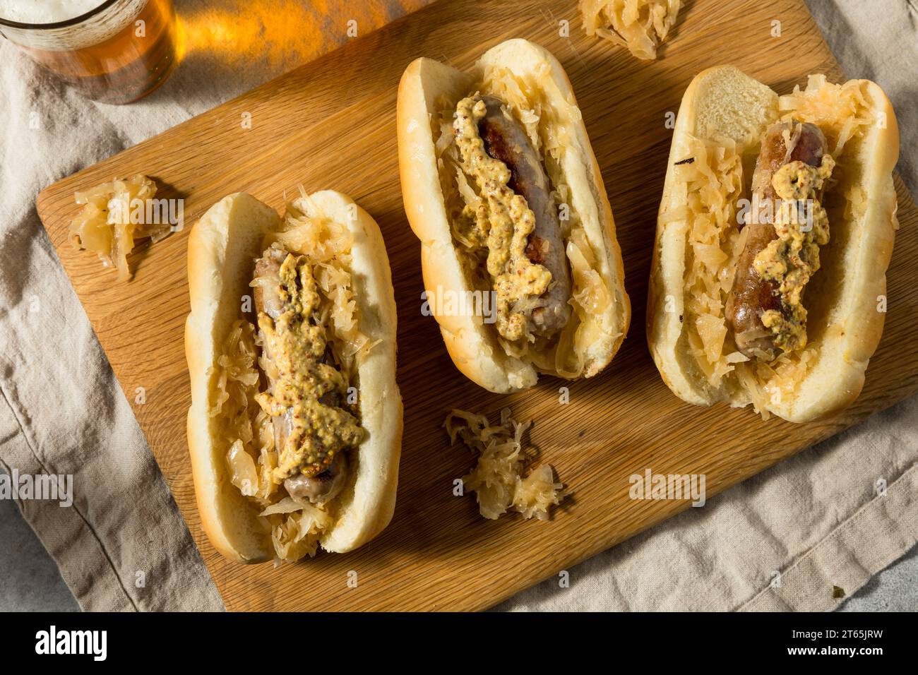 Homemade German Bratwurst Sandwich with Sauerkraut and Mustard Stock ...