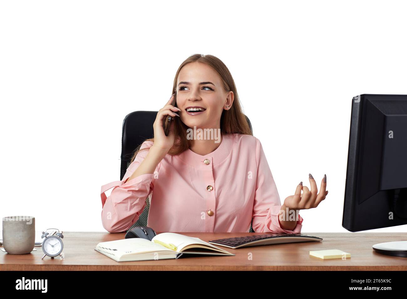 successful brunette business woman in pink shirt having phone ...
