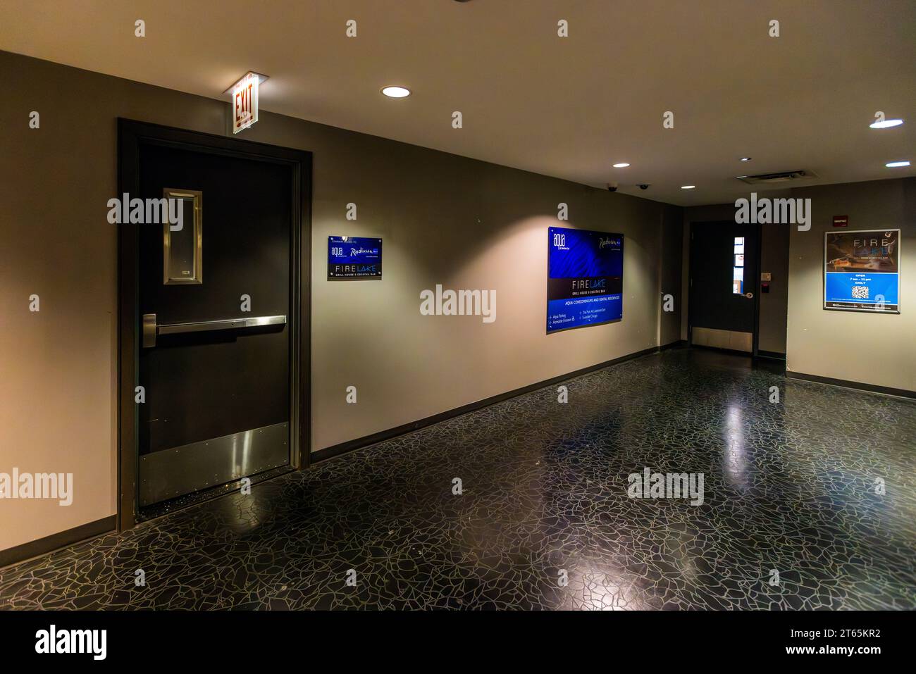 Chicago Pedway, sign for the entrance to the Radisson Blu Aqua Hotel ...