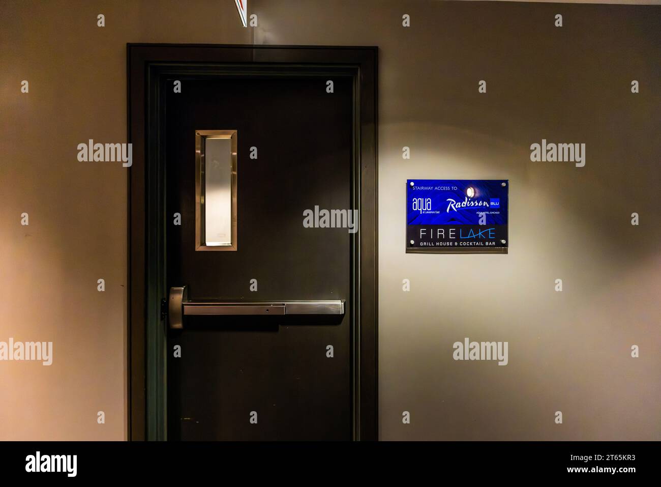 Chicago Pedway, sign for the entrance to the Radisson Blu Aqua Hotel ...