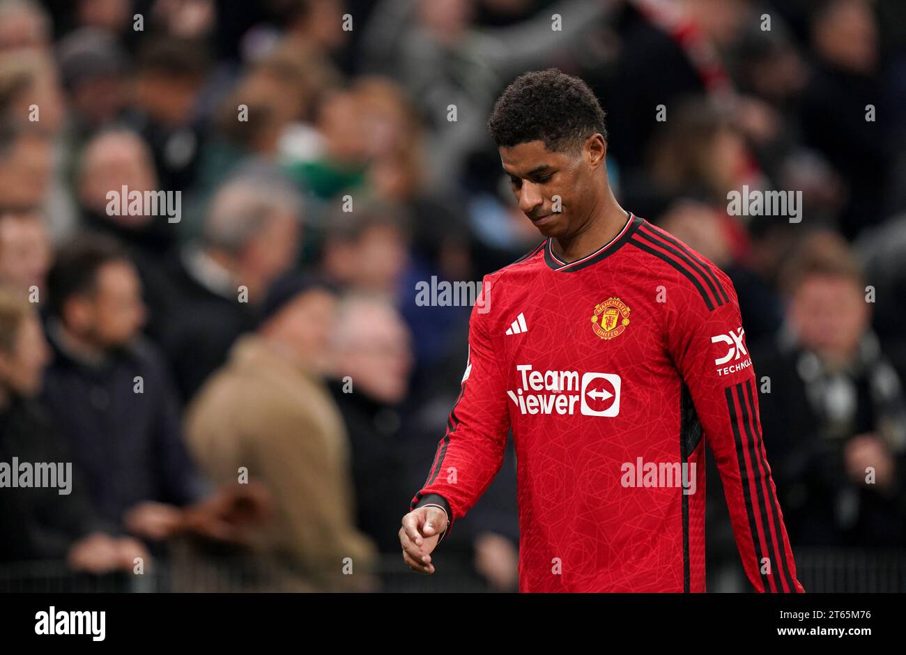 Manchester United's Marcus Rashford walks off the pitch after being ...