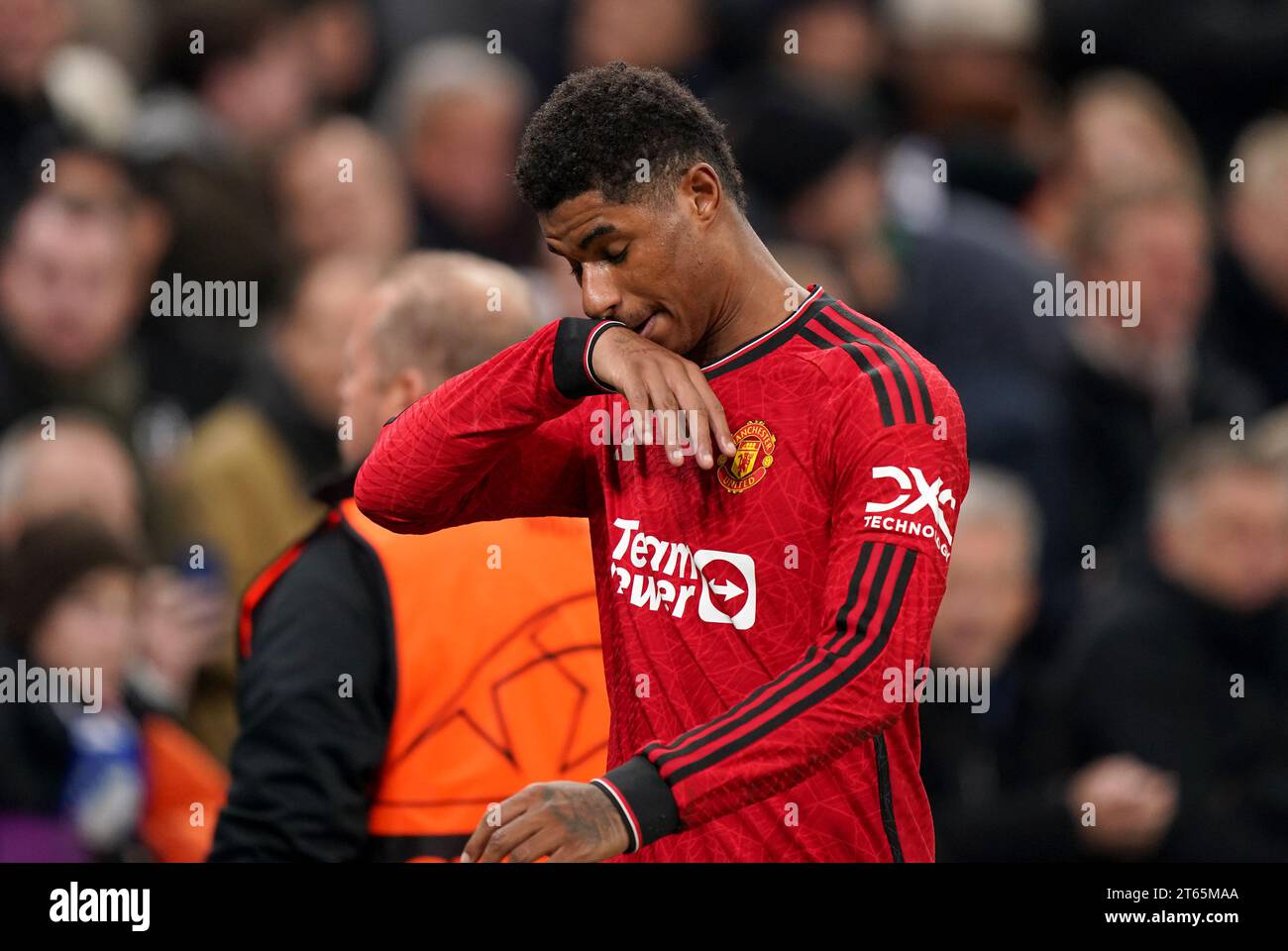 Manchester United's Marcus Rashford walks off the pitch after being ...