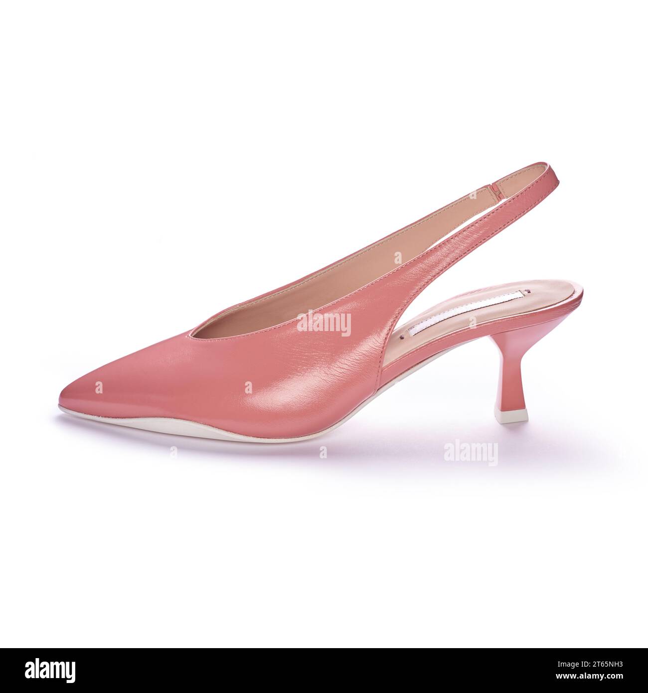 Side view of women’s leather pink pointed-toe open-back heel shoe with ...