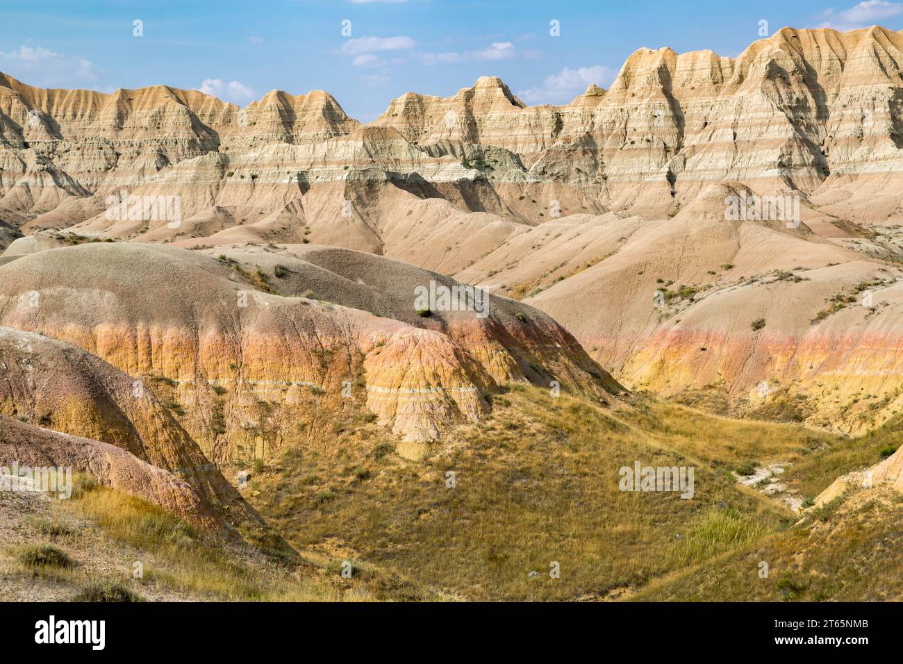 Erosion exposes colorful layers of sedimentary rock in the Badlands ...