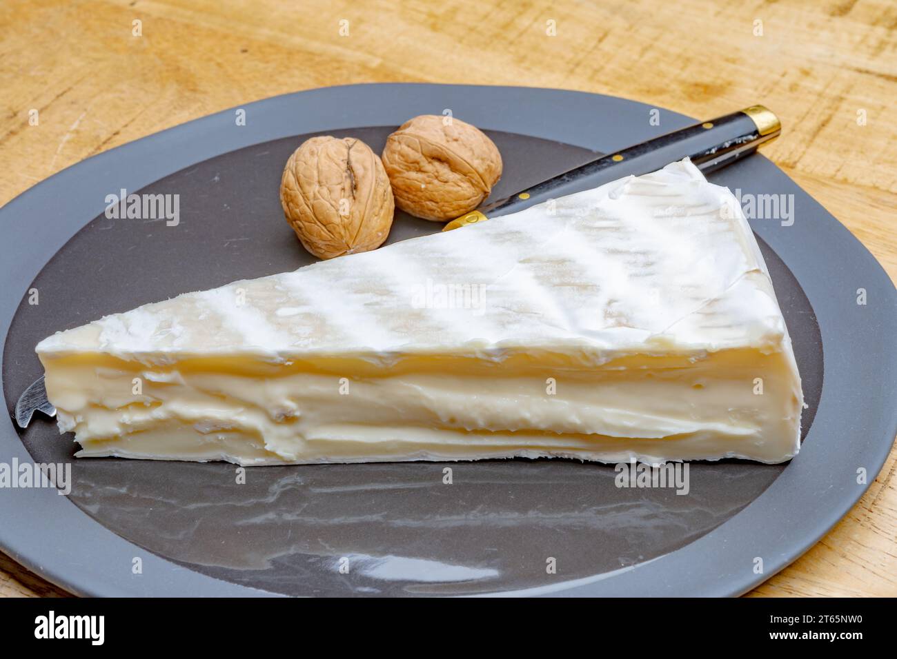 Piece of french soft-ripened white mold cow milk cheese brie produced ...