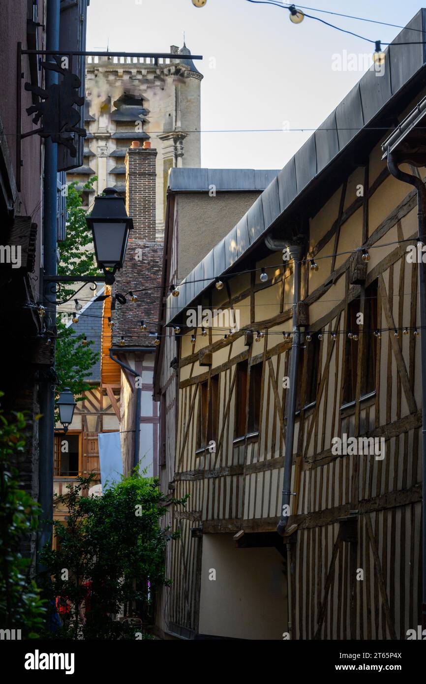Medieval central part of Troyes old city with half-timbered houses and ...