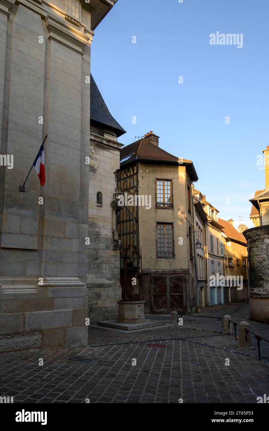 Medieval central part of Troyes old city with half-timbered houses and ...